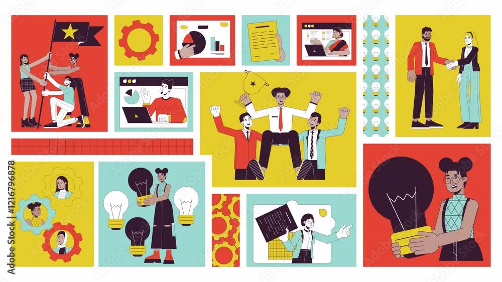 Team work diversity animated bento grid layout. Office job ...