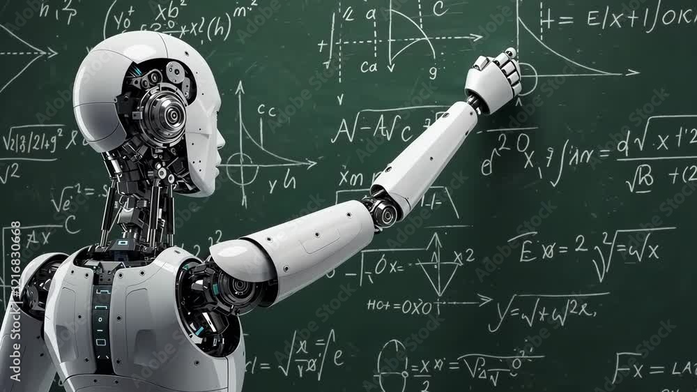 Robot, writing and blackboard with mathematical equations for science ...