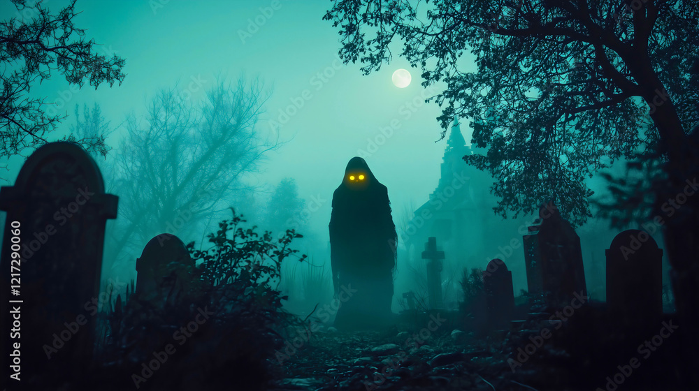 Photo & Art Print A ghostly figure overseeing the haunted cemetery ...