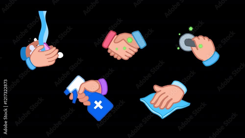 Set of five hygienic and healthcare hand drawn doodle animations on a ...