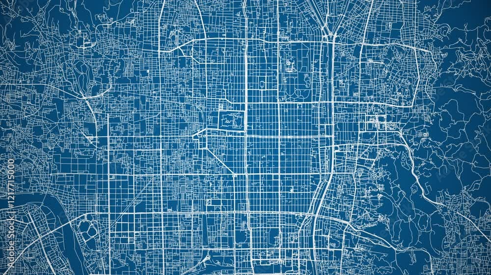 Ink reveal animation of Kyoto city, Japan, grid map. Aerial top view ...