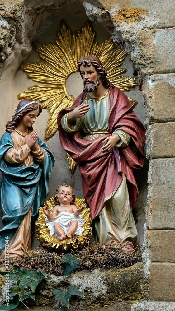 Detailed religious sculpture depicting a nativity scene with figures of ...