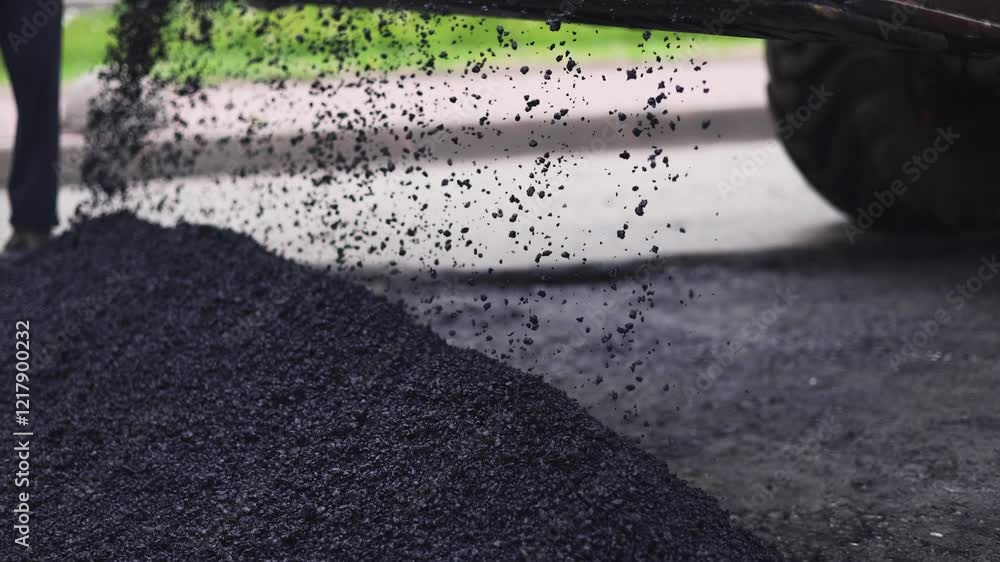 Roadworks, process of asphalting, blacktopping and paving new road ...