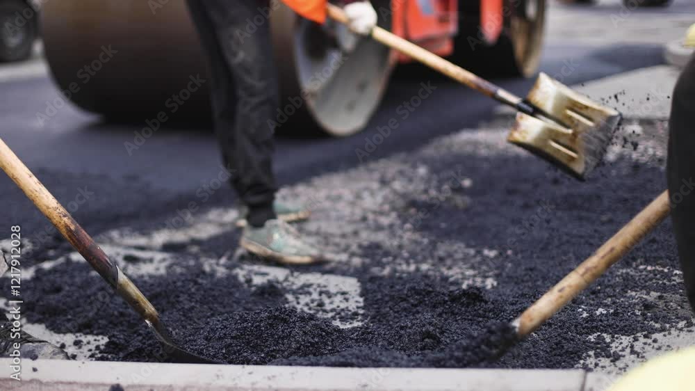 Roadworks, process of asphalting, blacktopping and paving new road ...