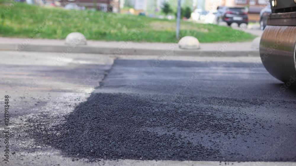 Vidéo Stock Roadworks, process of asphalting, blacktopping and paving ...