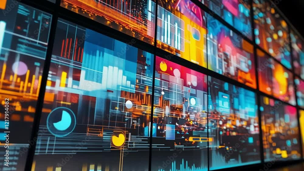 Multiple screens showcasing vibrant infographic interfaces with data ...