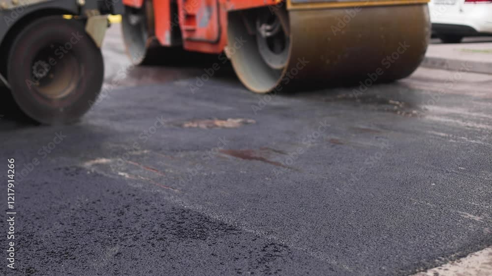 Roadworks, process of asphalting, blacktopping and paving new road ...