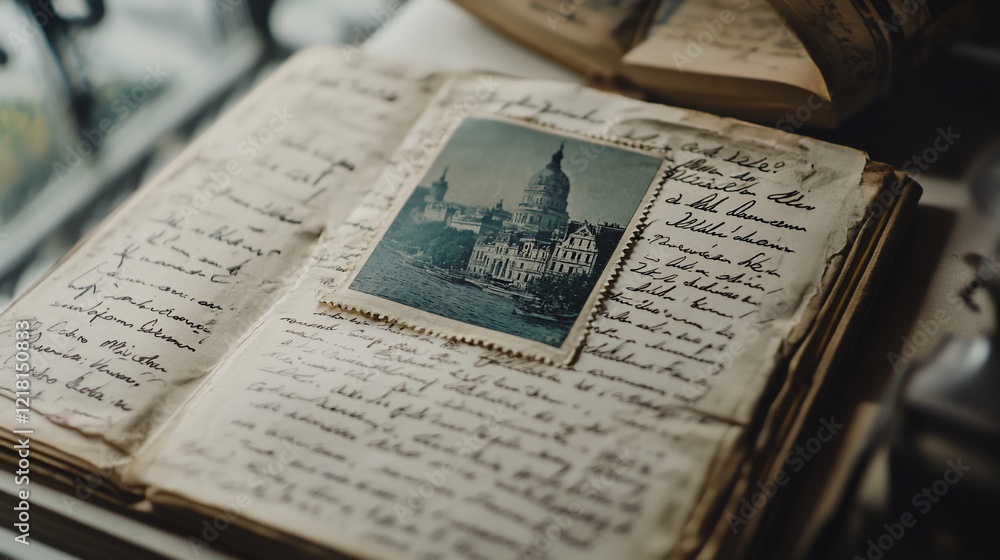 Poster Vintage diary open, old photo, handwritten notes, antique books ...
