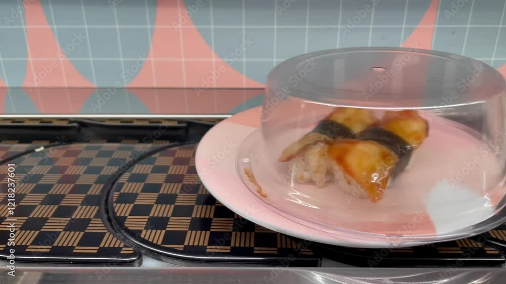 Conveyor belt sushi or rotating sushi in a Japanese restaurant inside a ...