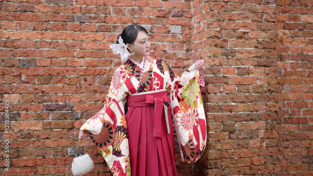 A young woman in her 20s wears a traditional graduation ceremony Hakama ...