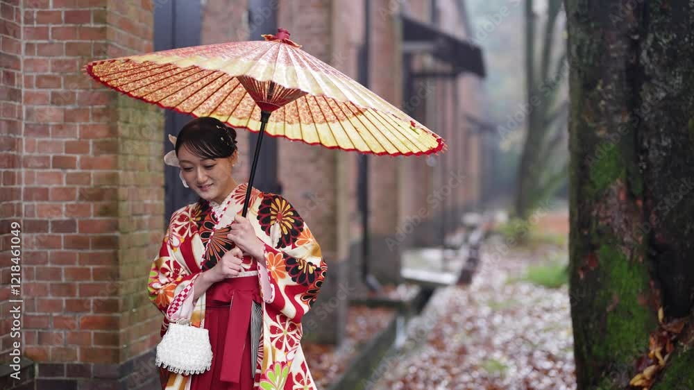 Young women in their 20s wear traditional hakama (kimono) in Japan ...