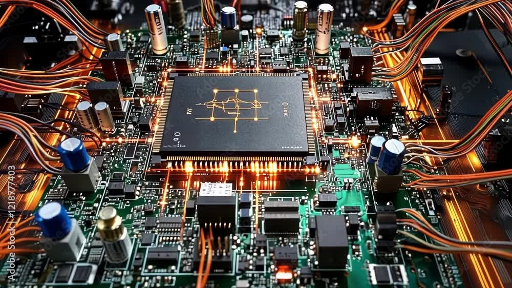 Complex electronic circuit board with cpu processing data, connected by orange wires ...