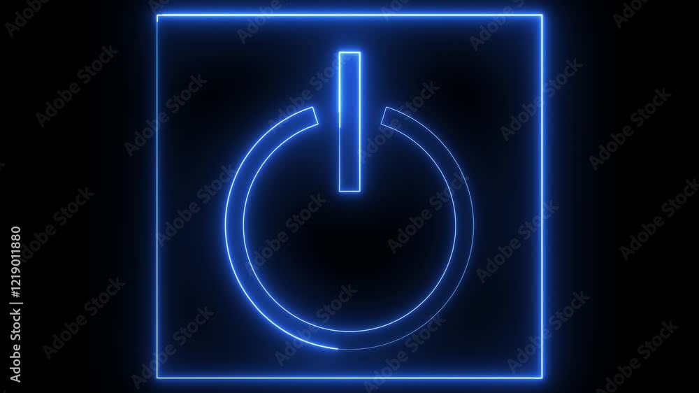 blue color neon glowing power button icon animation screen turn on off ...