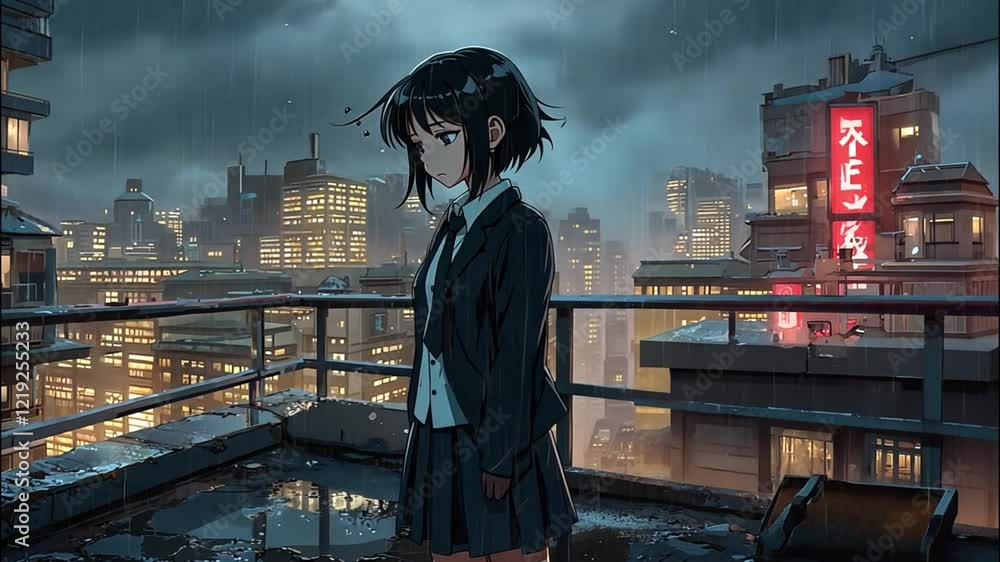 A lone anime girl standing in the rain on a rooftop, her silhouette ...