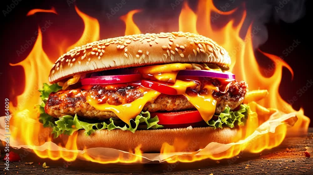 Junk food concept.Hot bbq hamburger.beef burger cooked on fire on grill ...