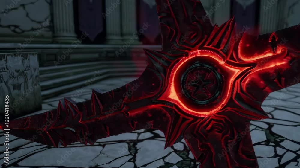 Cursed weapon with glowing red runes displayed in an abandoned throne ...