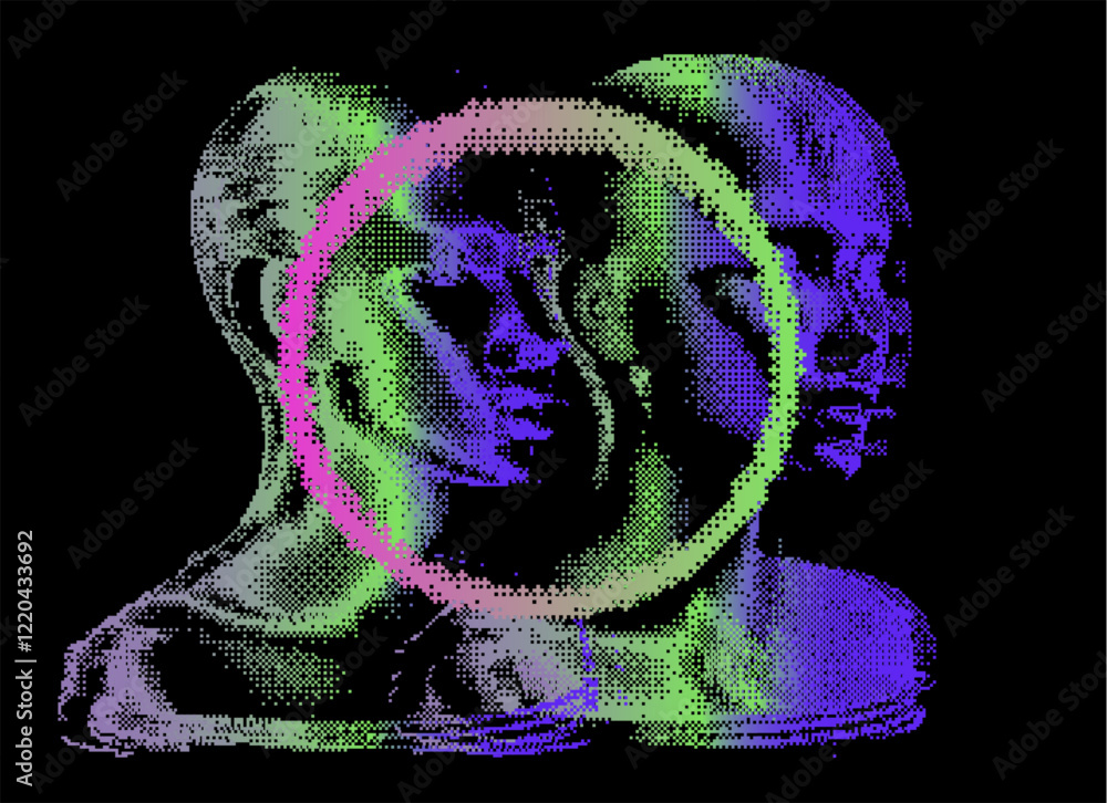 Poster Distorted and disintegrated image of human face made of pixel ...