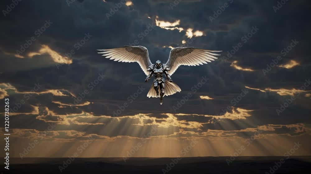 Silver Armored Archangel Flying Through Sky With Wings, Mythical Video ...