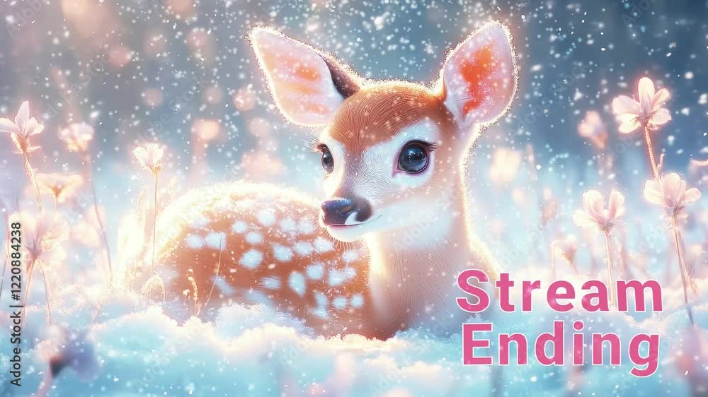 A fawn rests in a snowy field of flowers. stream ending overlay ...