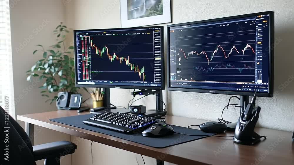 A trading setup with dual monitors, one displaying a positive ...