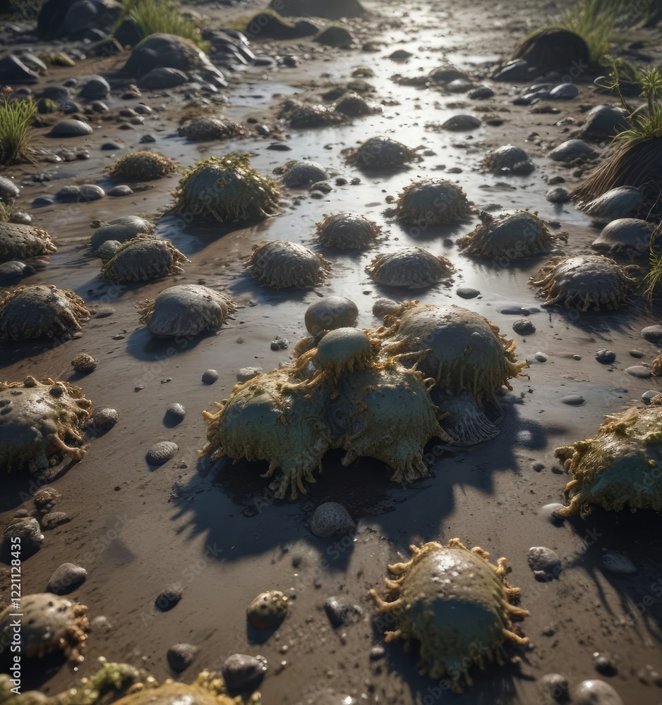 Poster A mass of slimy, amoeba-like creatures spreading on the ground ...