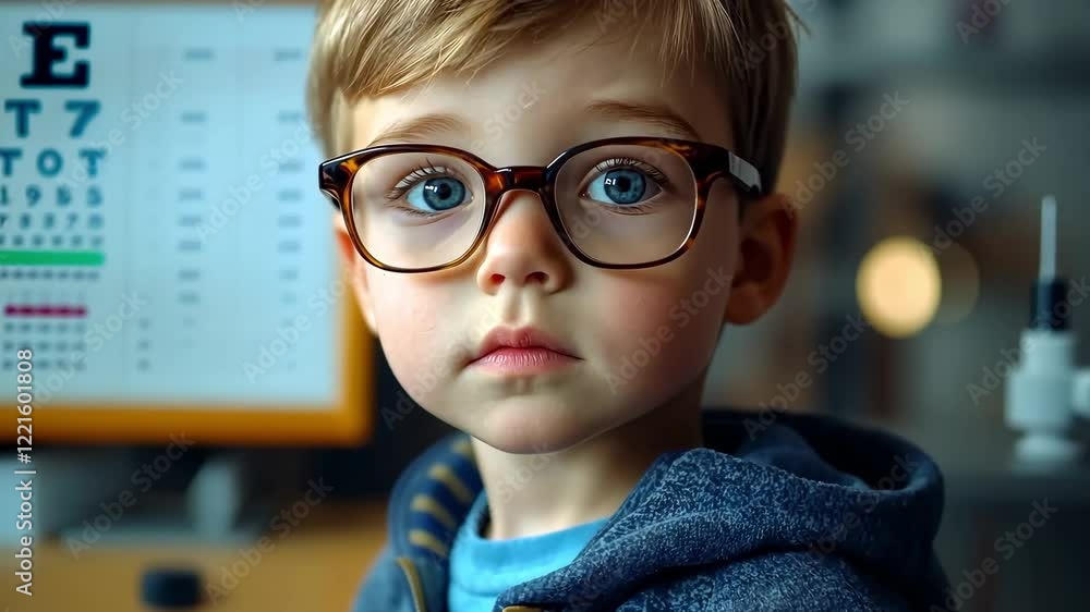 A young boy wearing glasses looks intently at the eye chart in a clinic ...