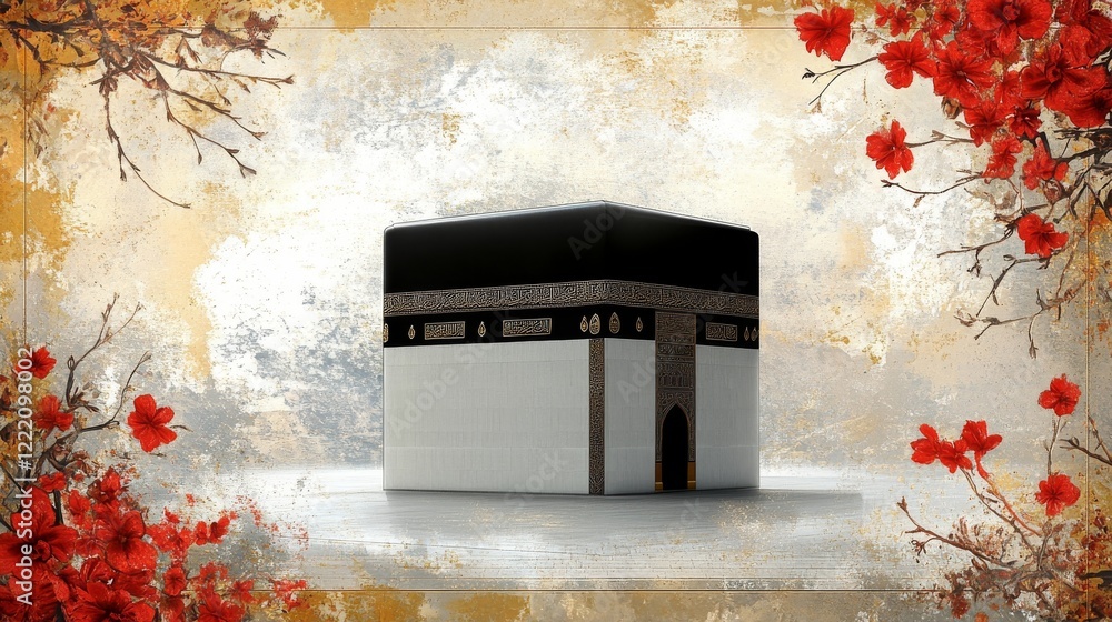 Poster Holy Kaaba in Mecca with Red Flowers and Olive Branches, Vintage ...