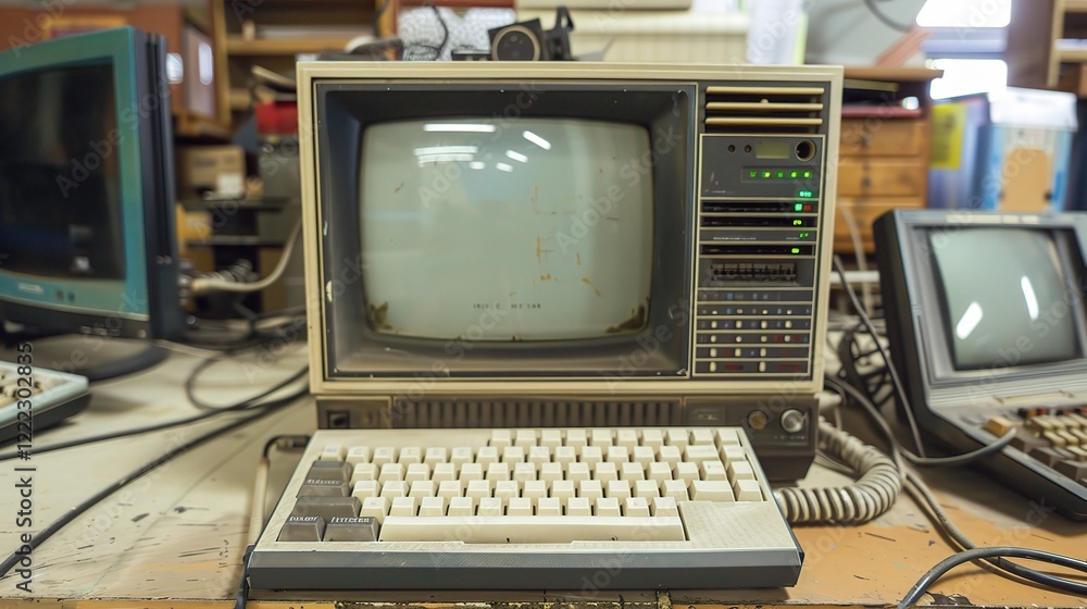 A nostalgic old computer, boasting a bulky form, a cathode - ray tube ...