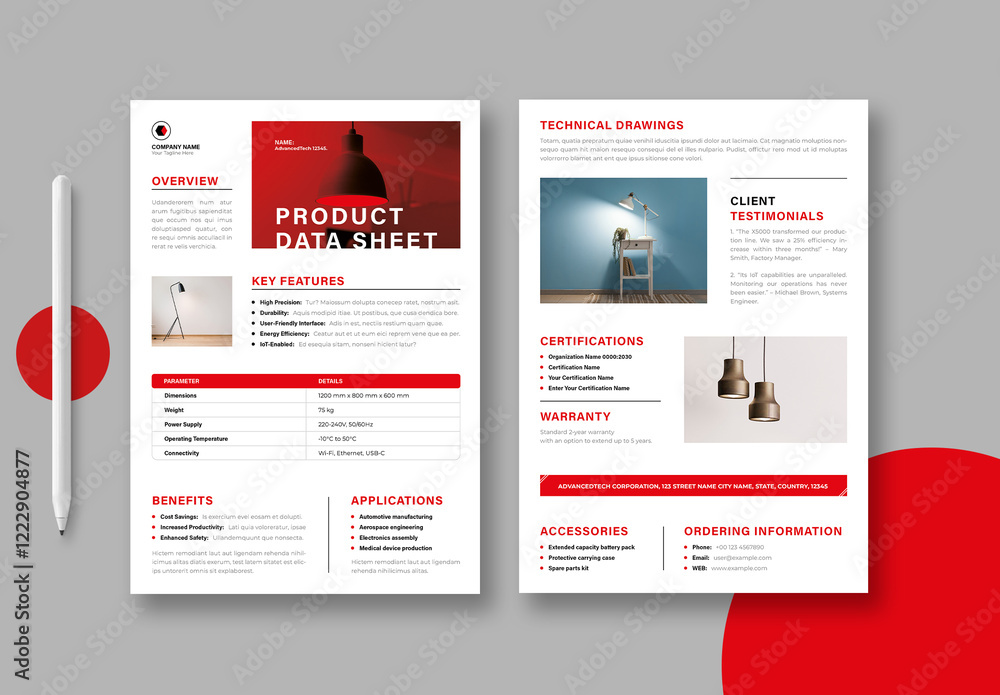 Modelo de Product Data Sheet Template Layout do Stock | Adobe Stock