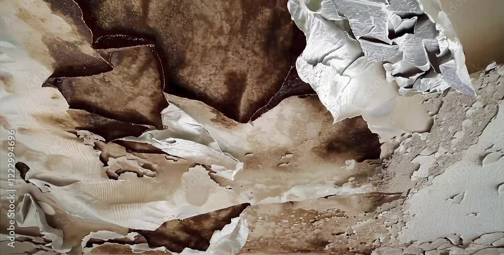A distressed ceiling showing peeling paint, water stains, and cracks ...