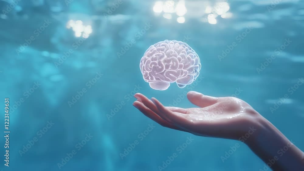 Glowing artificial intelligence brain floats above an open hand ...