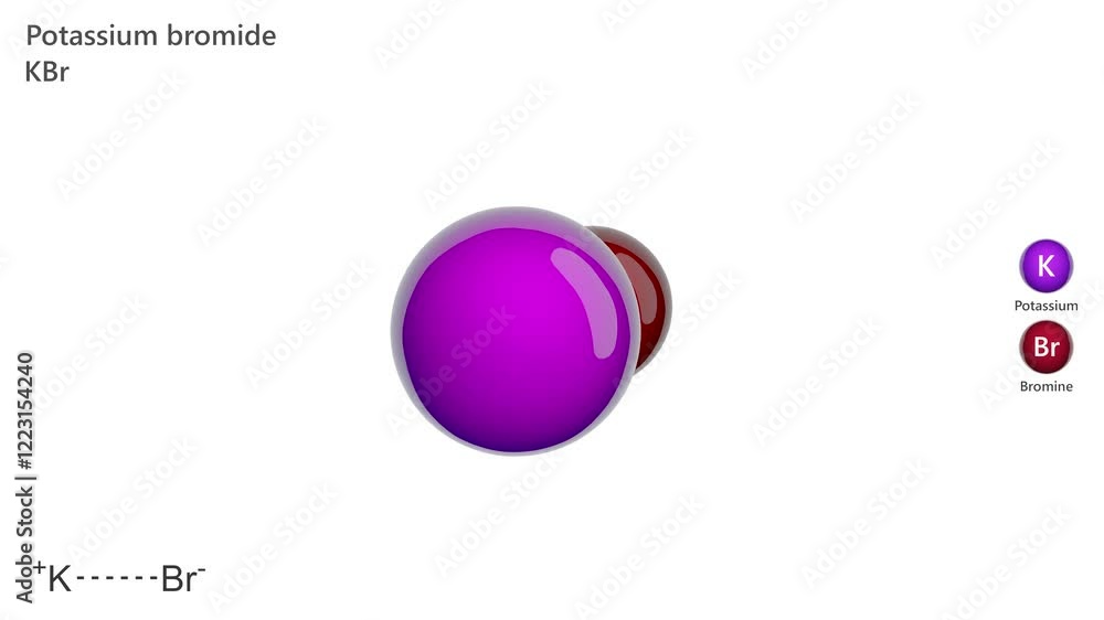 Potassium Bromide. Animated 3D model of a molecule. Molecular formula: KBr. Chemical model: Ball ...