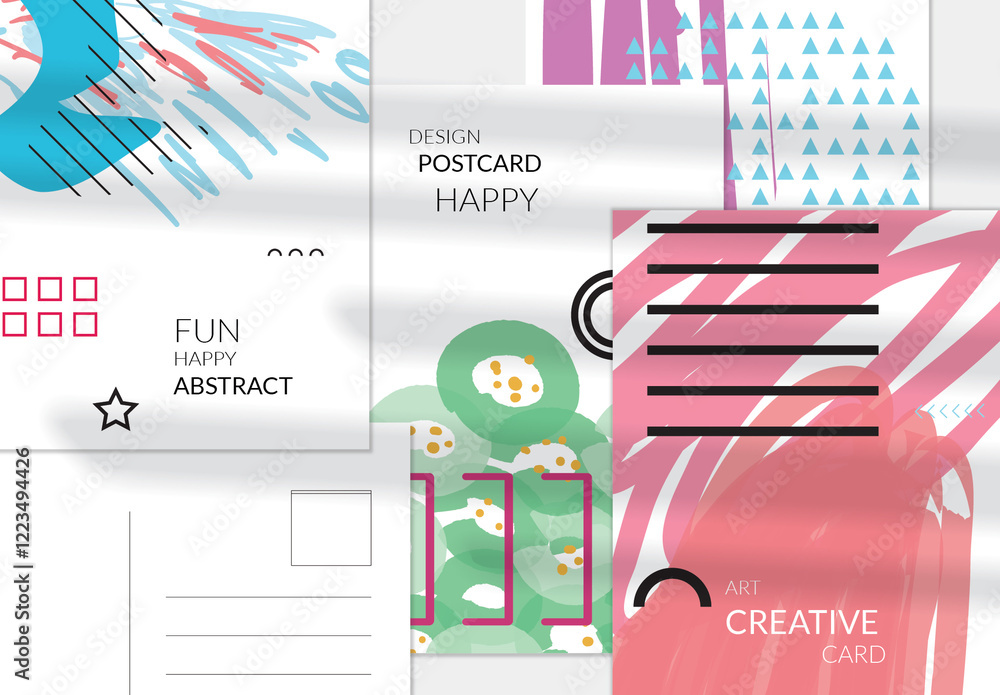 Postcard Layout with Hand Drawn Abstract Floral Doodles and Geometric ...