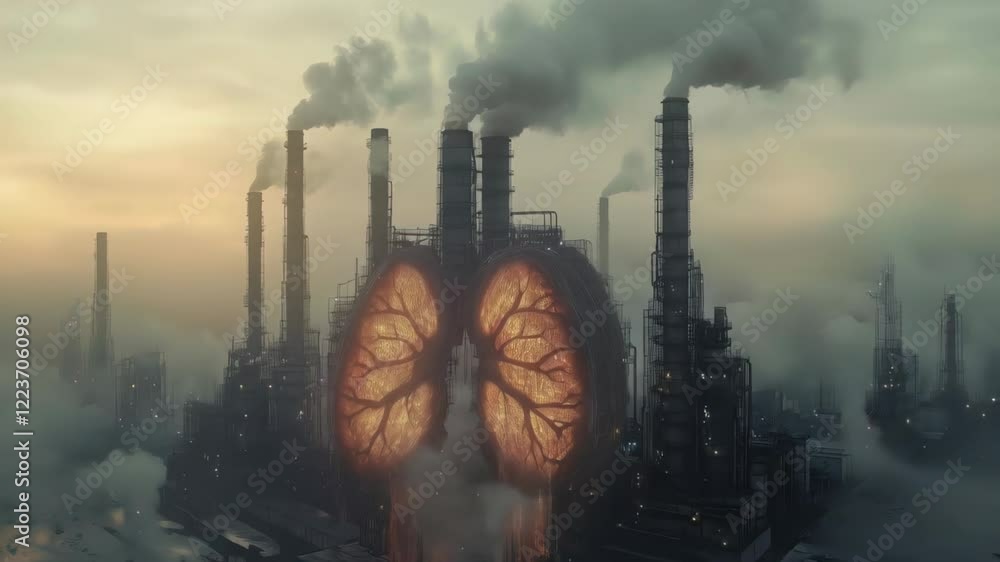 surreal composition of an industrial factory with smokestacks ...