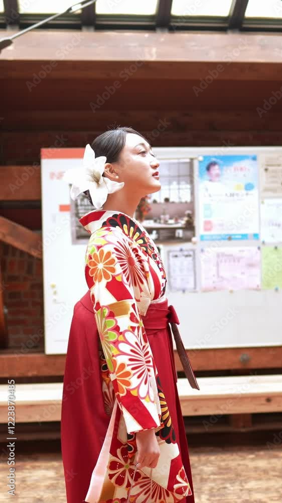 Young woman in her twenties wearing hakama (kimono), traditional ...