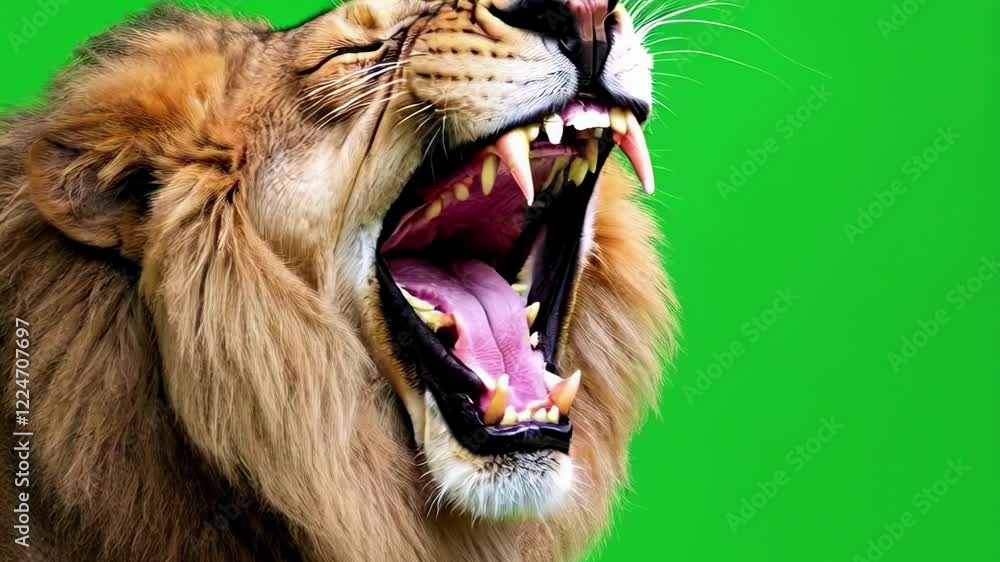 Roaring lion unleashes fierce power against a vibrant green screen in ...