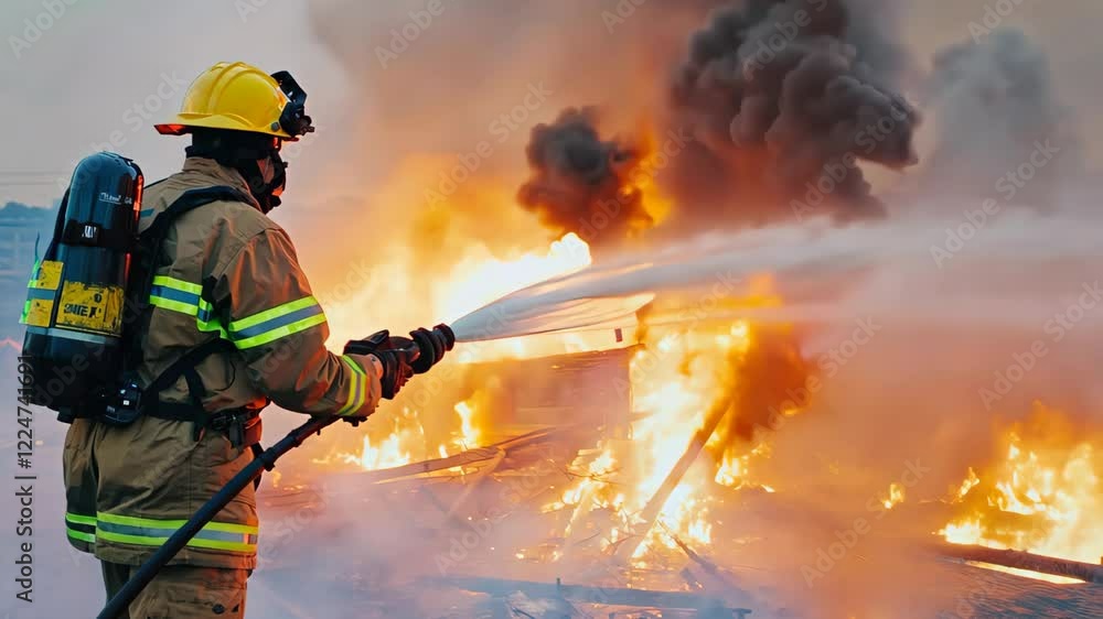 Brave firefighter in fire protection suit on safety rescue duty spray ...