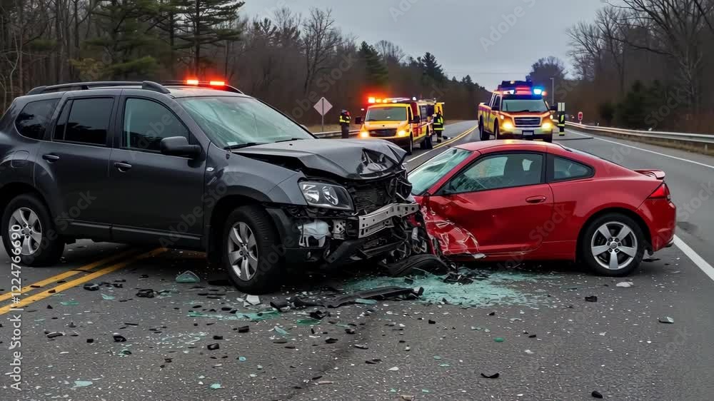 Severe car accident on highway, damaged SUV and red coupe in head-on ...