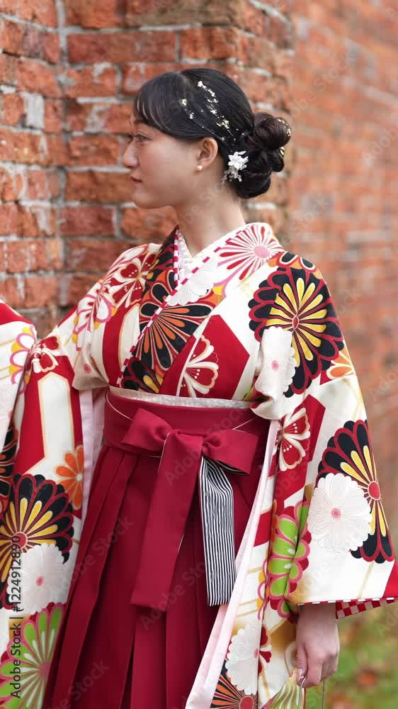 Young women in their 20s wear traditional hakama (kimono) in Japan ...