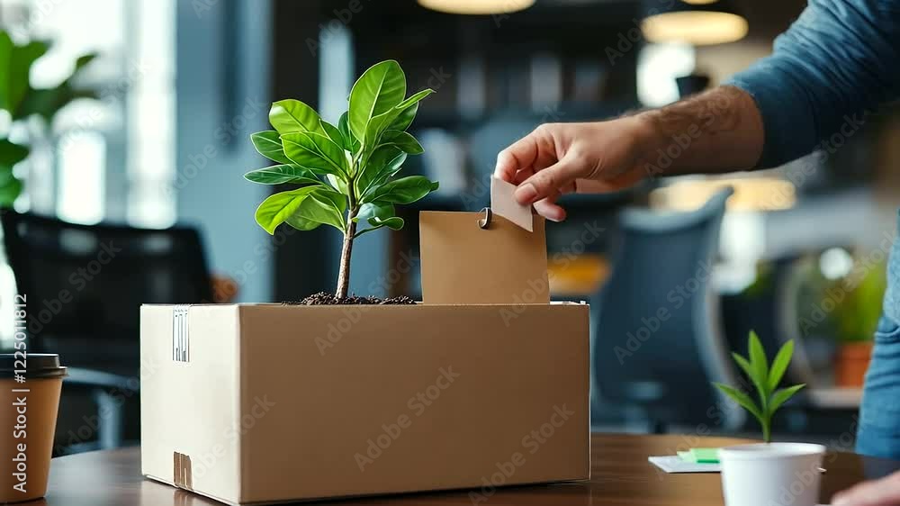Worker gently placing a plant and a farewell card into a box ...
