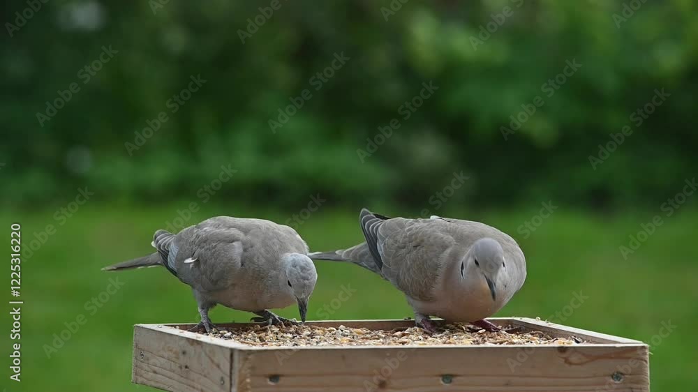 Collard Dove (Streptopelia decaocto) juvenile and adult eating seeds ...