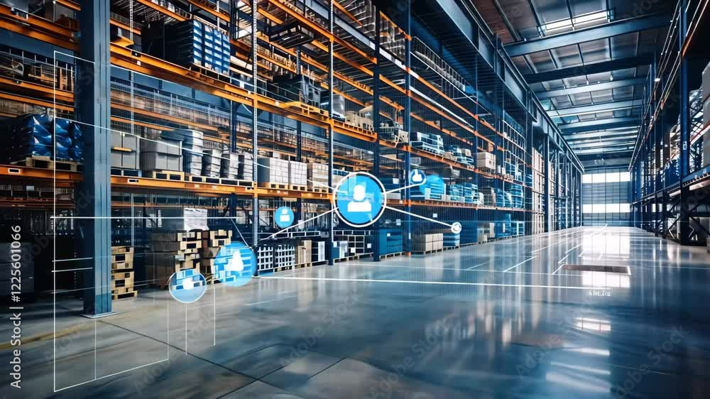 A modern warehouse filled with shelving units and packages, featuring ...