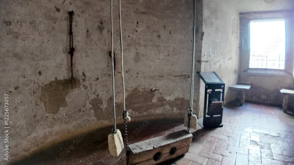 Wooden stocks with leg holes hanging from chains and ropes, displayed ...