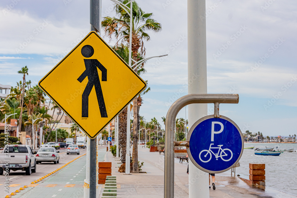 Poster Pedestrian crossing and bicycle parking signs, vehicular road ...
