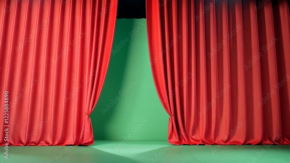 Red Stage Curtains Parting to Reveal Green Screen Background for Studio ...