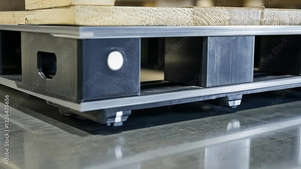 Wooden pallet resting on plastic pallet base, showcasing manufacturing ...