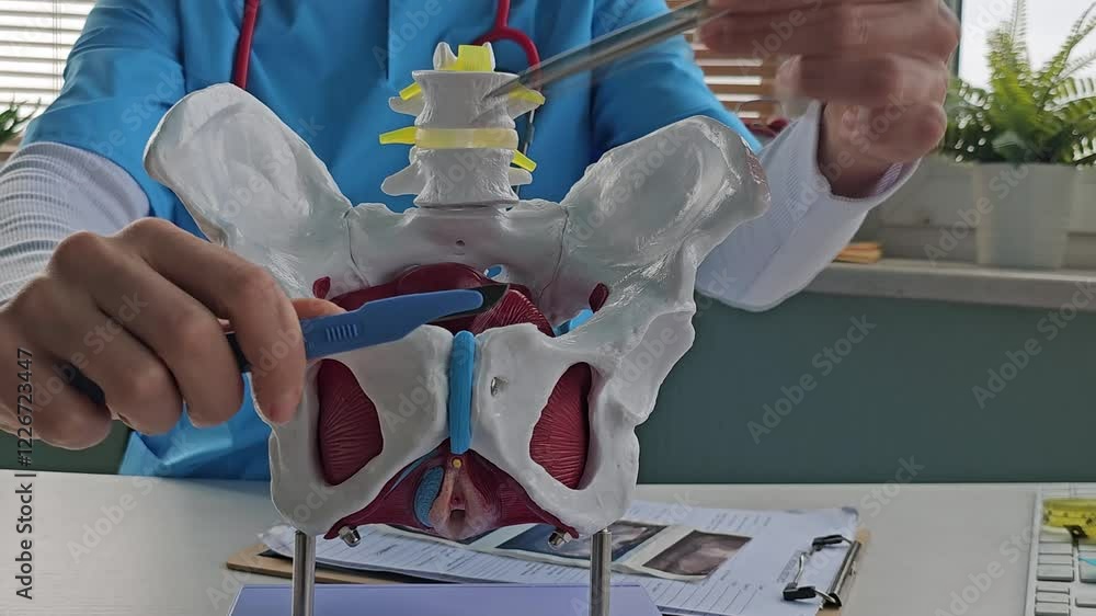 Gynecologist female pelvic bones and scalpel. Reconstructive plastic ...