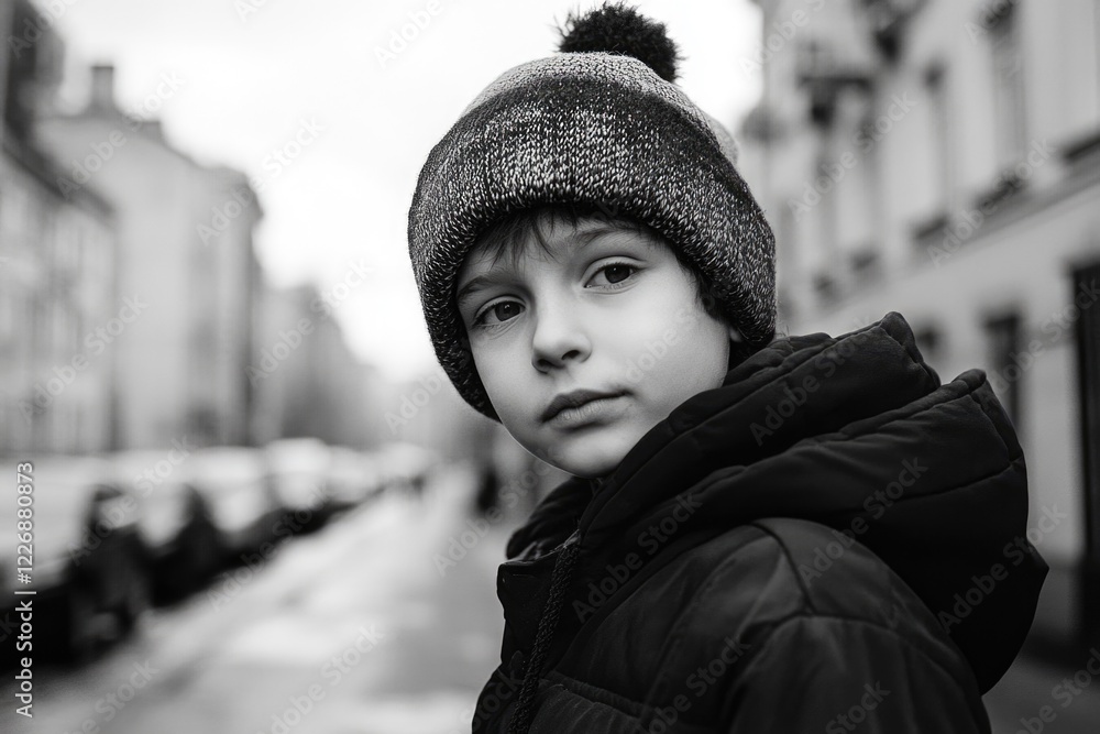 Photo & Art Print A young boy in a winter coat stands on the side of an ...