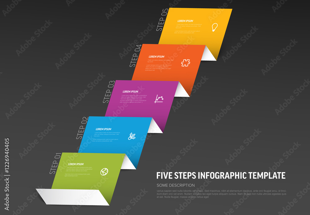 Infographic template layout with five sequential steps with icons and ...