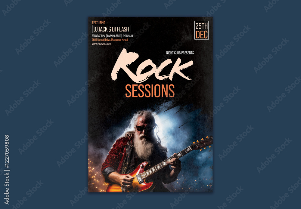 Rock Session Flyer with Elderly Guitarist Male and Event Details. Stock ...